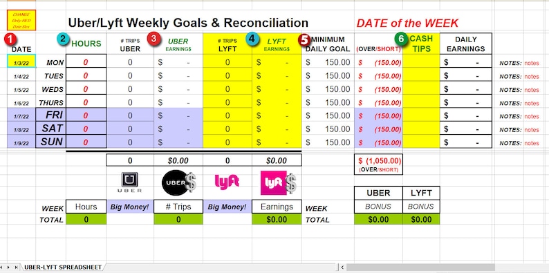 The Uber/lyft-driver Weekly Goals & Reconciliation SPREADSHEET ...