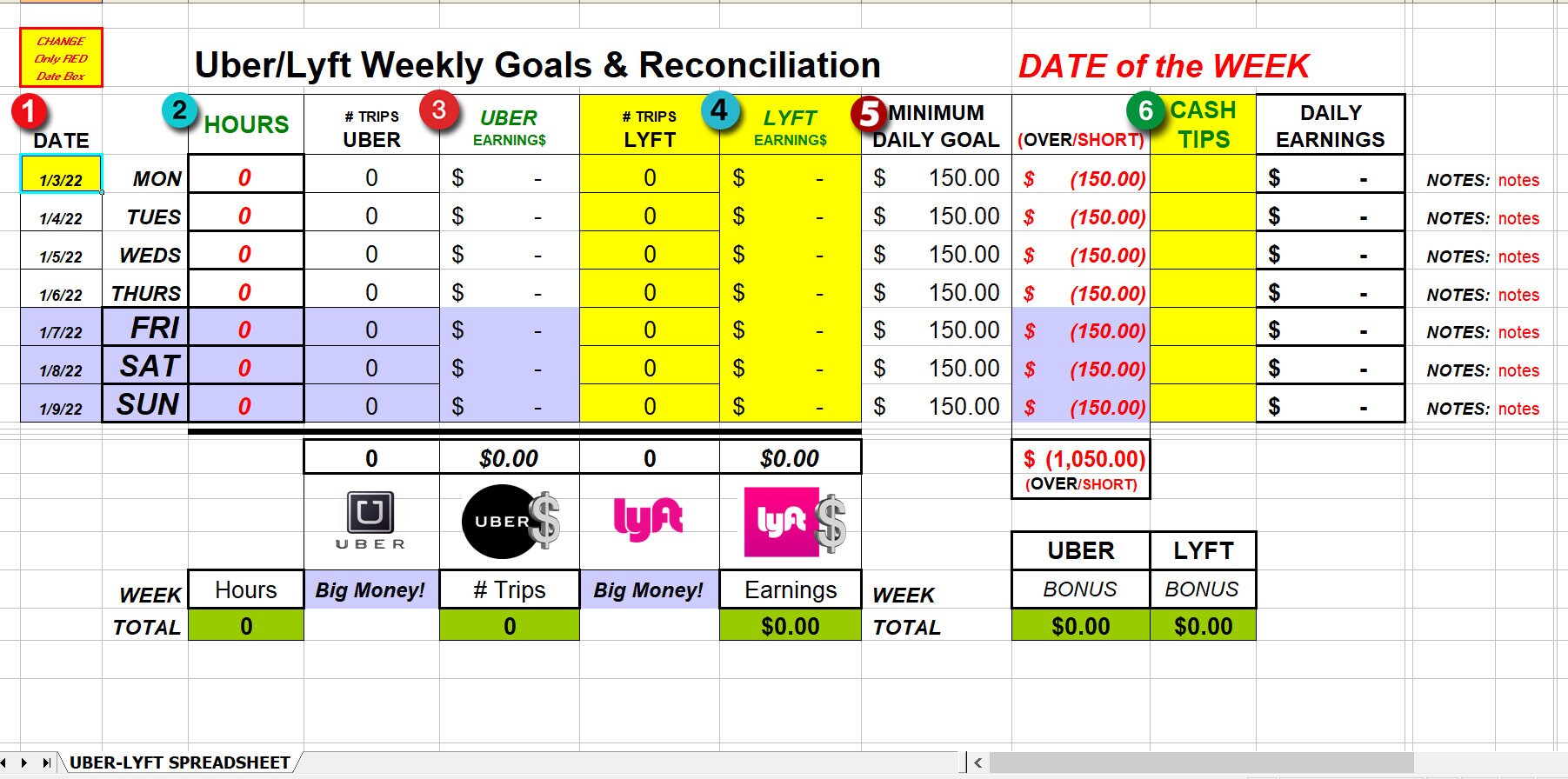 The Uber/lyft-driver Weekly Goals & Reconciliation SPREADSHEET ...