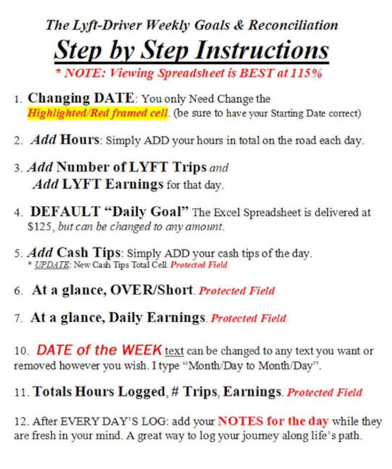 The LYFT-DRIVER Weekly Goals & Reconciliation SPREADSHEET | Business ...