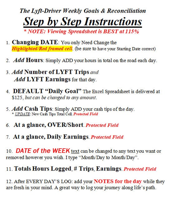 The LYFT-DRIVER Weekly Goals & Reconciliation SPREADSHEET | Business ...