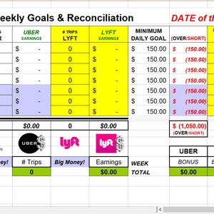 The Uber/lyft-driver Weekly Goals & Reconciliation SPREADSHEET ...