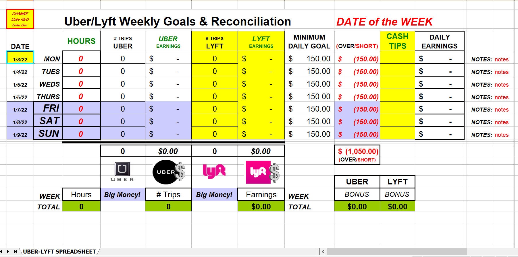 The Uber/lyft-driver Weekly Goals & Reconciliation SPREADSHEET ...