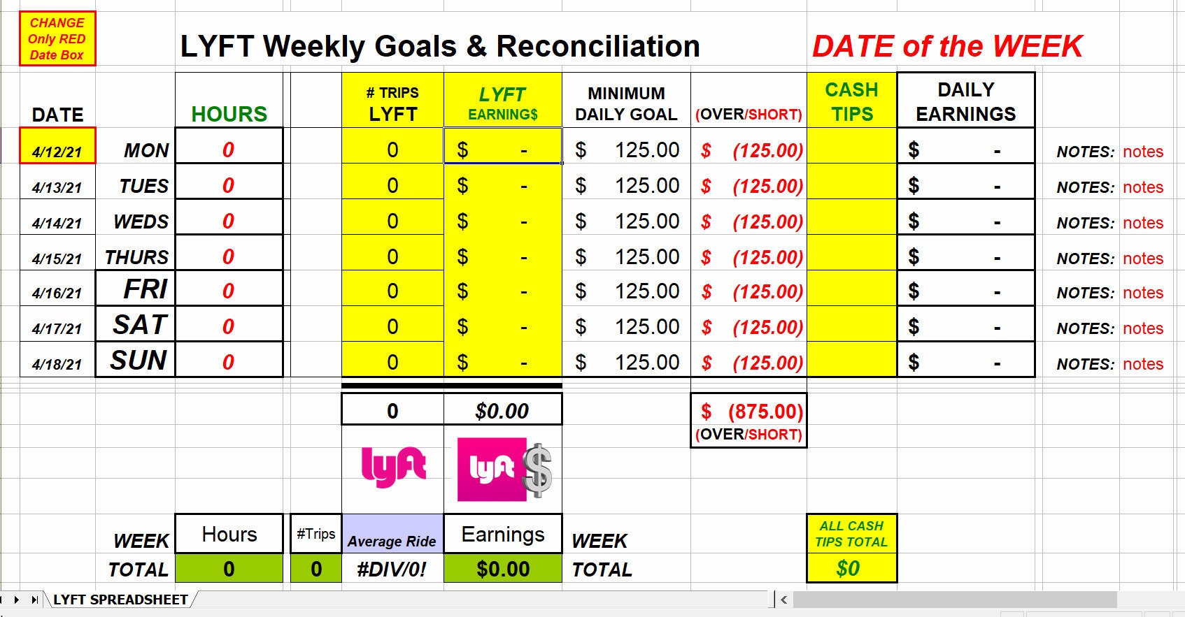 The LYFT-DRIVER Weekly Goals & Reconciliation SPREADSHEET | Business ...