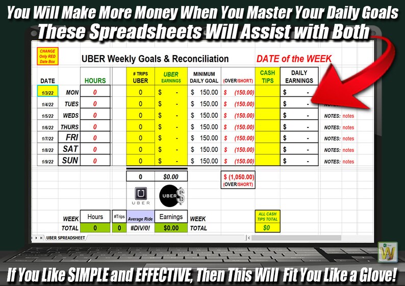 The UBER-DRIVER Weekly Goals & Reconciliation SPREADSHEET | Business ...