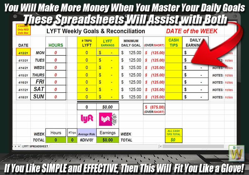 The LYFT-DRIVER Weekly Goals & Reconciliation SPREADSHEET | Business ...