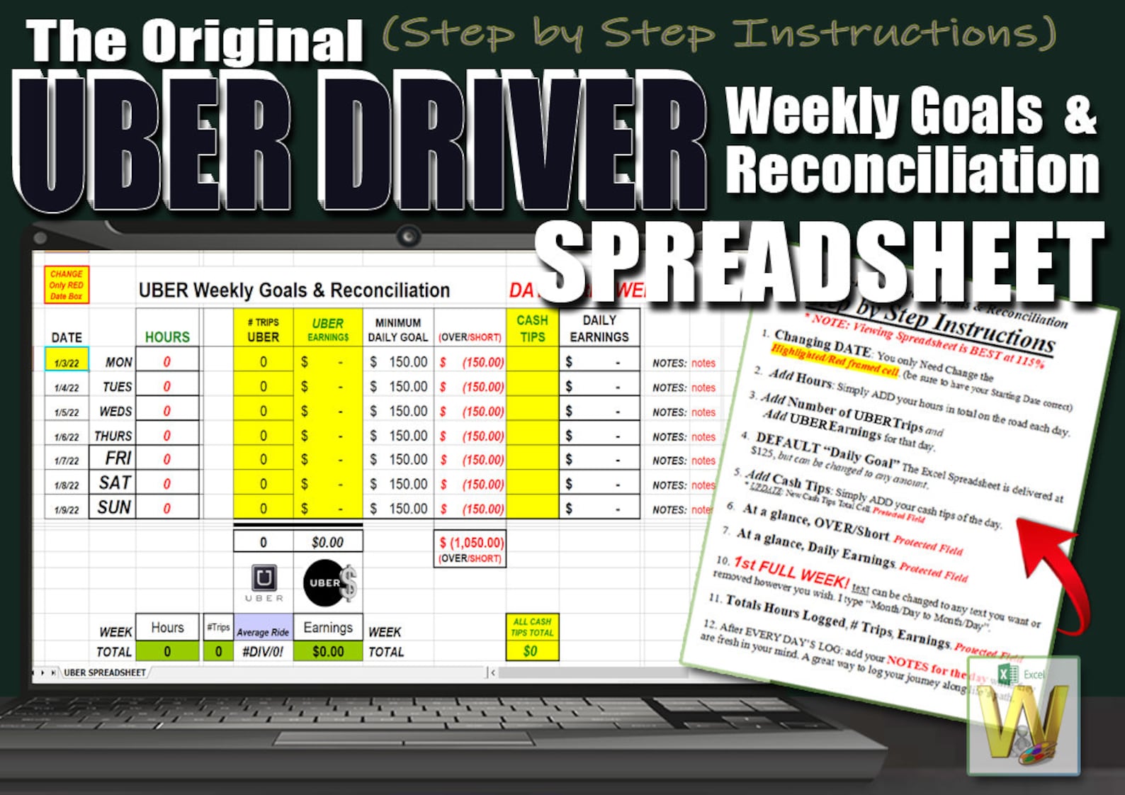 The UBER-DRIVER Weekly Goals & Reconciliation SPREADSHEET | Business ...