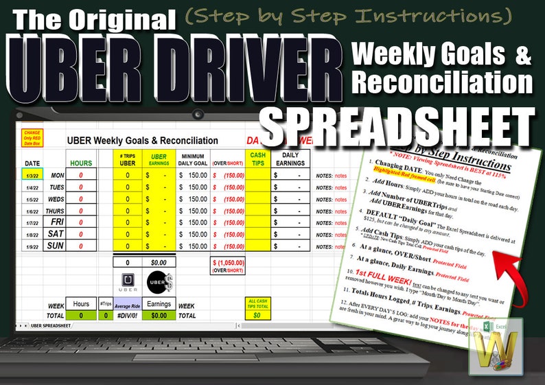 The UBER-DRIVER Weekly Goals & Reconciliation SPREADSHEET | Business ...