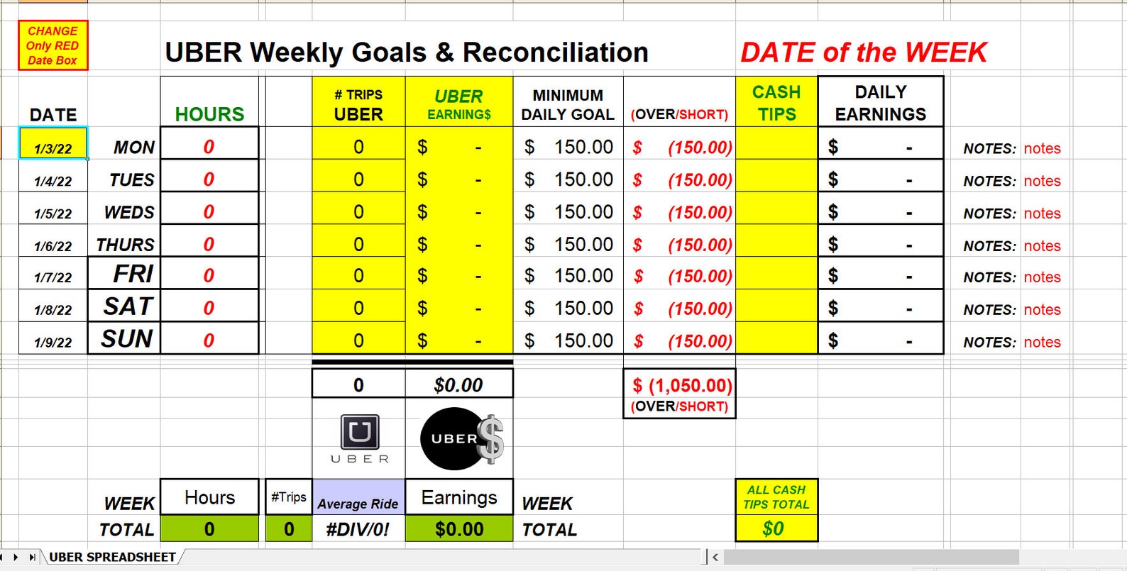 The UBER-DRIVER Weekly Goals & Reconciliation SPREADSHEET | Business ...