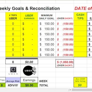 The UBER-DRIVER Weekly Goals & Reconciliation SPREADSHEET | Business ...