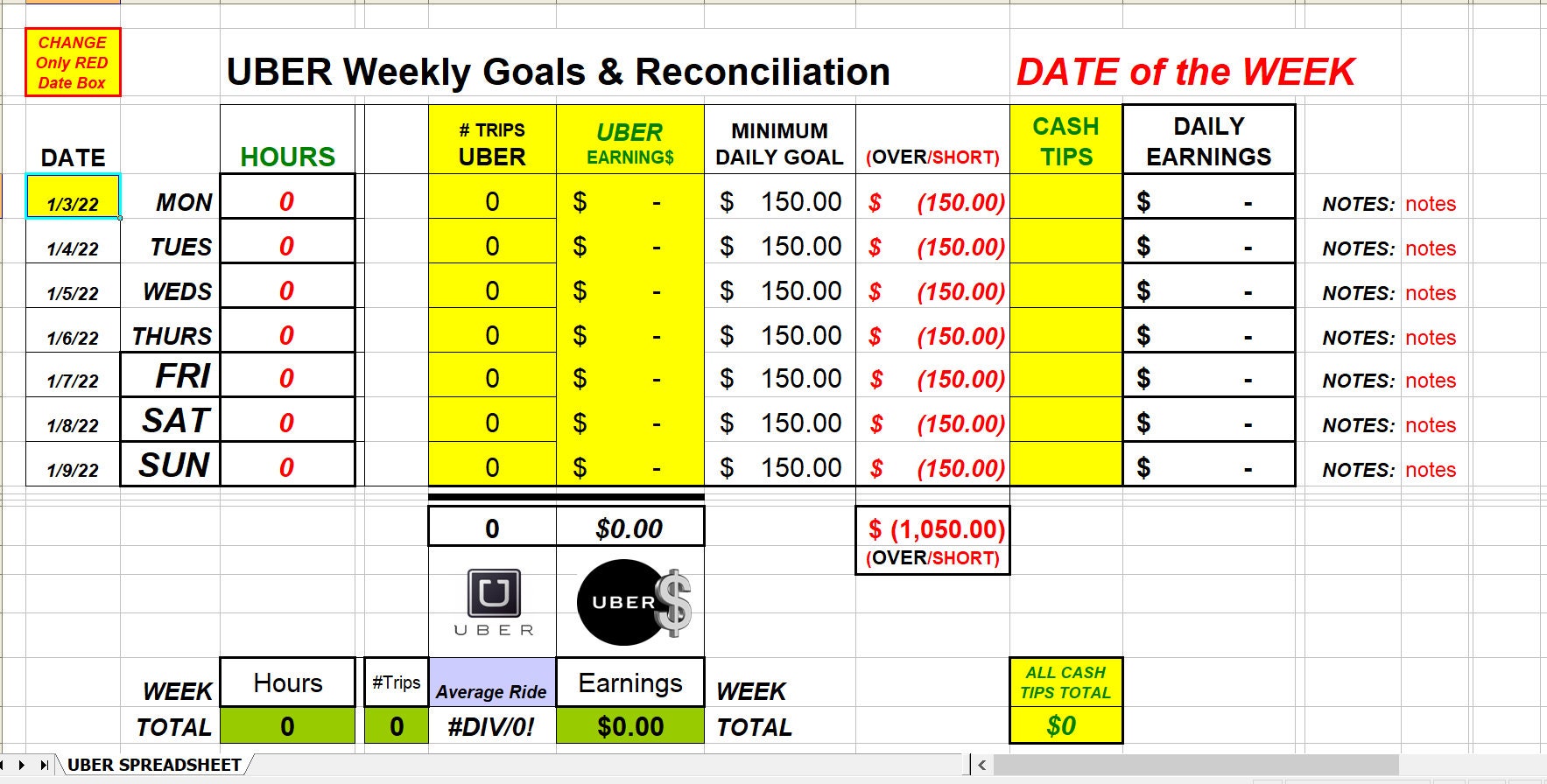 The UBER-DRIVER Weekly Goals & Reconciliation SPREADSHEET | Business ...