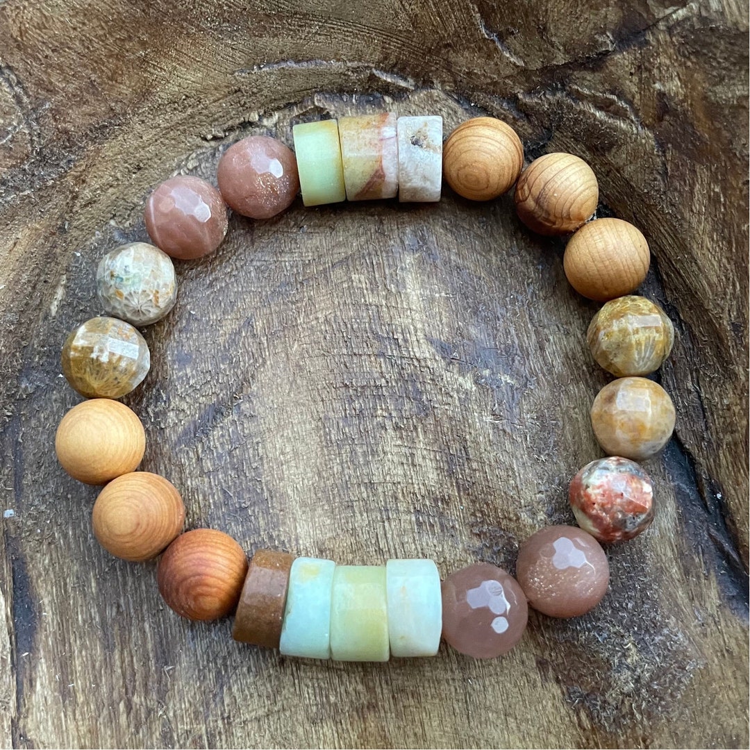 Tidal Pool Bracelet | Chunky Sandalwood, Fossil Agate, Sunstone ...