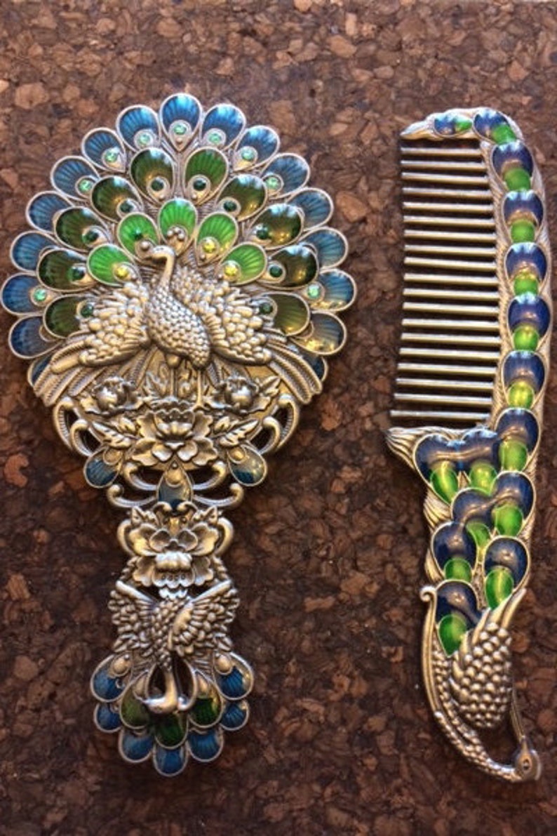 Peacock Antique Themed Mirror And Comb Set Etsy