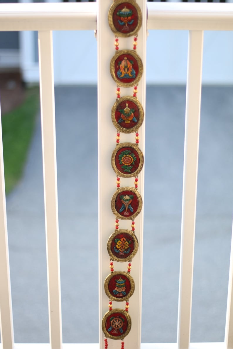 Metal Tibetan Eight Lucky Signs Wall Hanging in Red and Green With ...