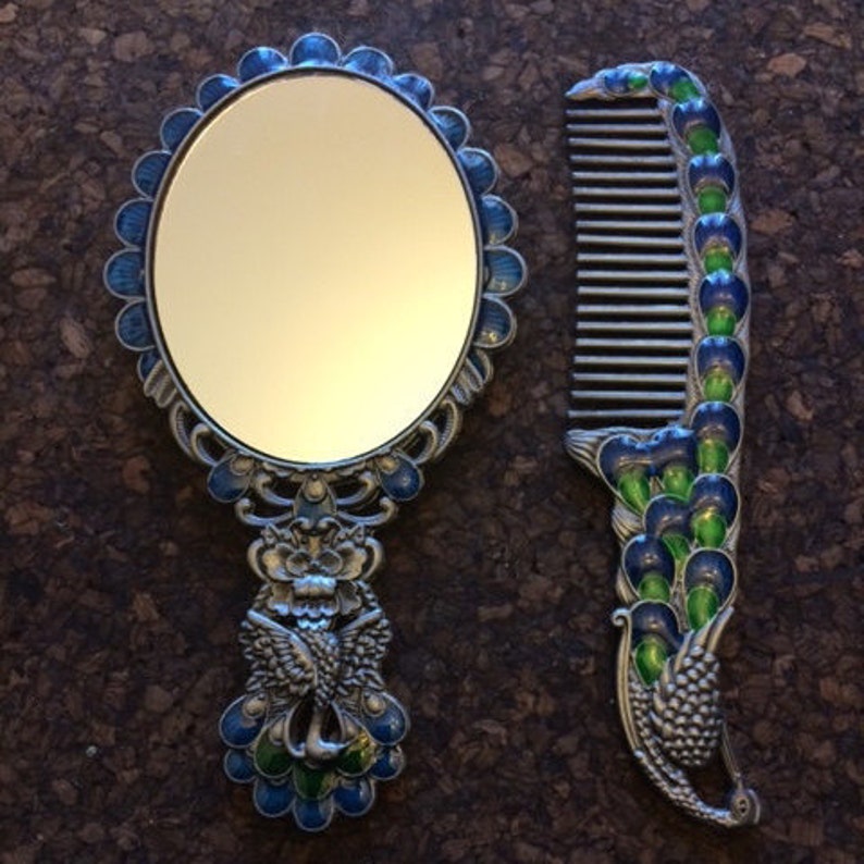 Peacock Antique Themed Mirror And Comb Set Etsy