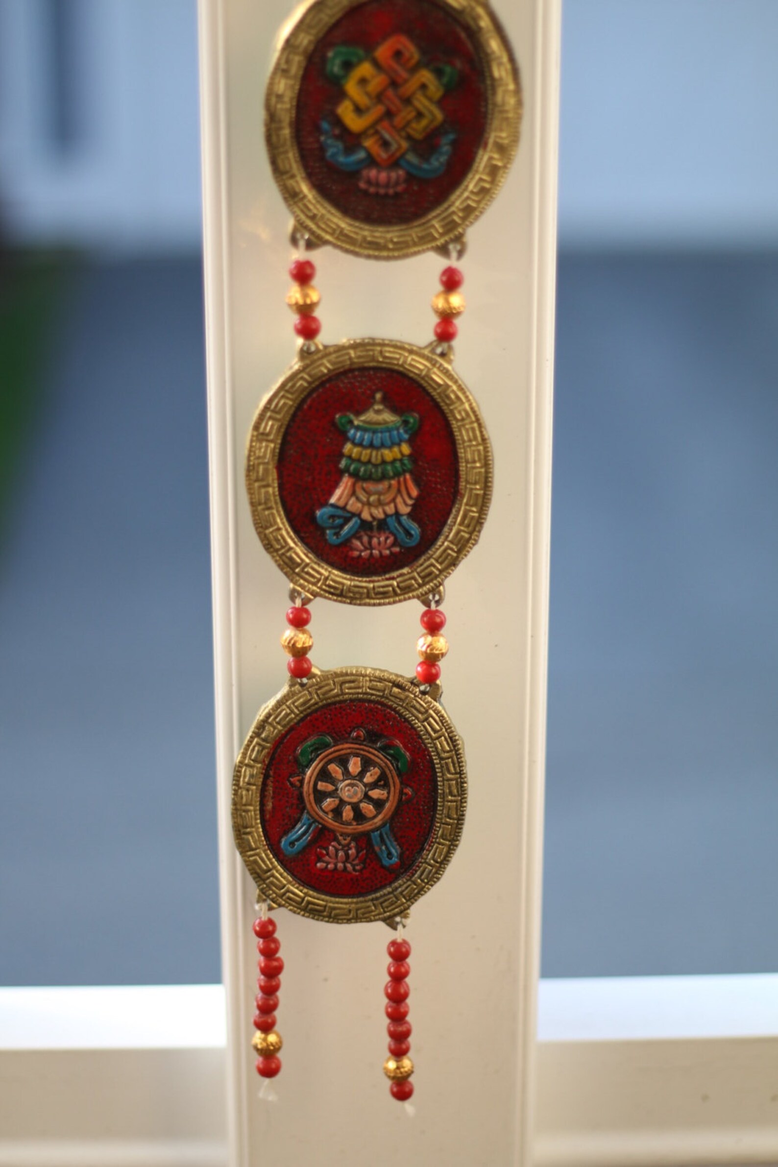 Metal Tibetan Eight Lucky Signs Wall Hanging in Red and Green With ...