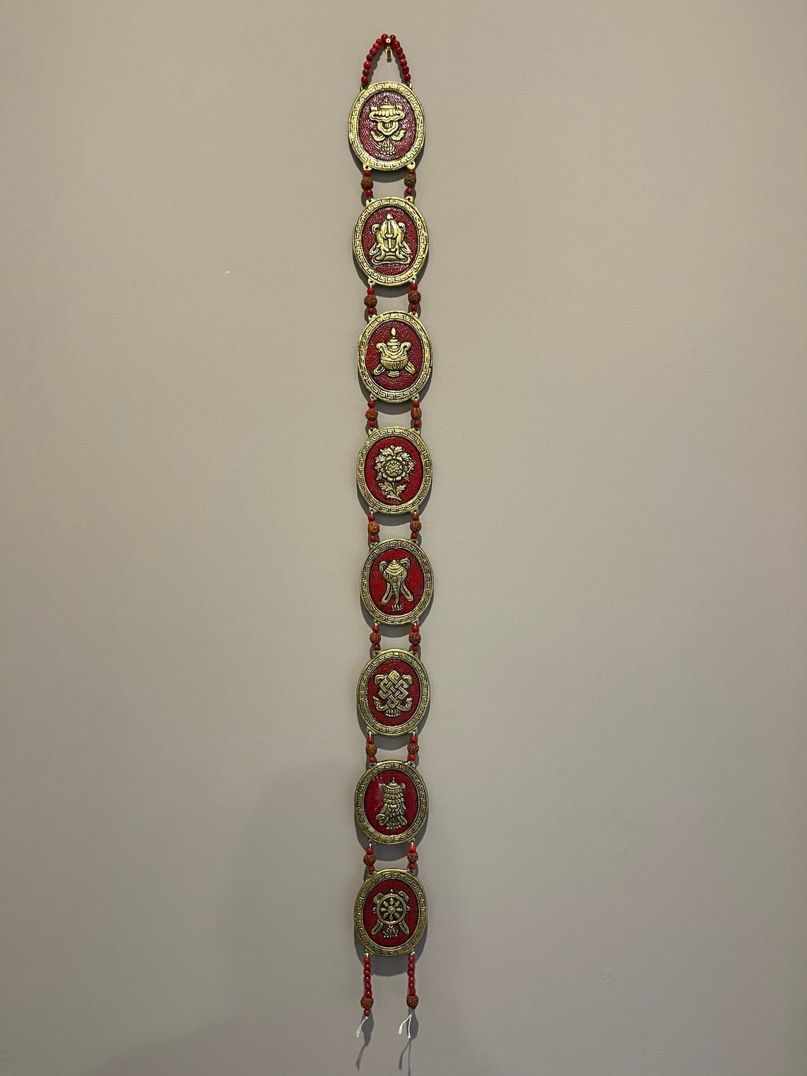 Metal Tibetan Eight Lucky Signs Wall Hanging in Red and Green With ...