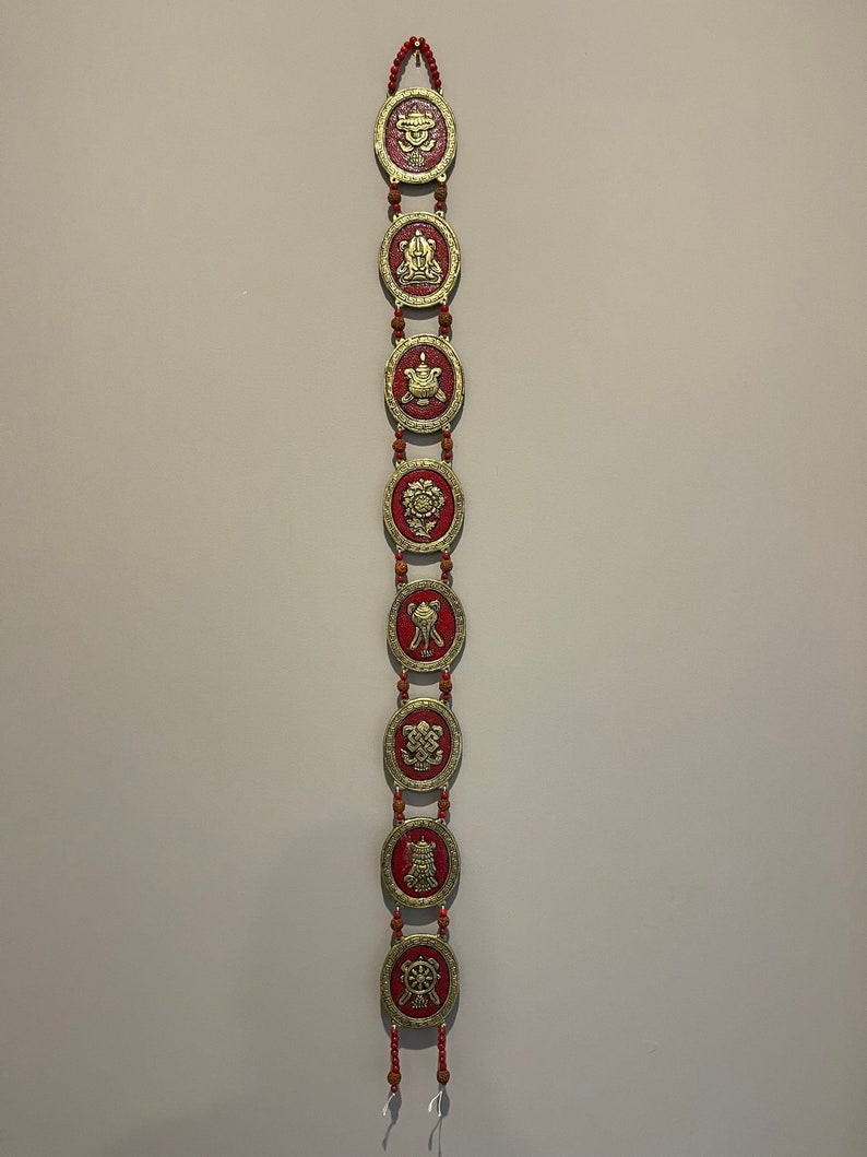 Metal Tibetan Eight Lucky Signs Wall Hanging in Red and Green With ...