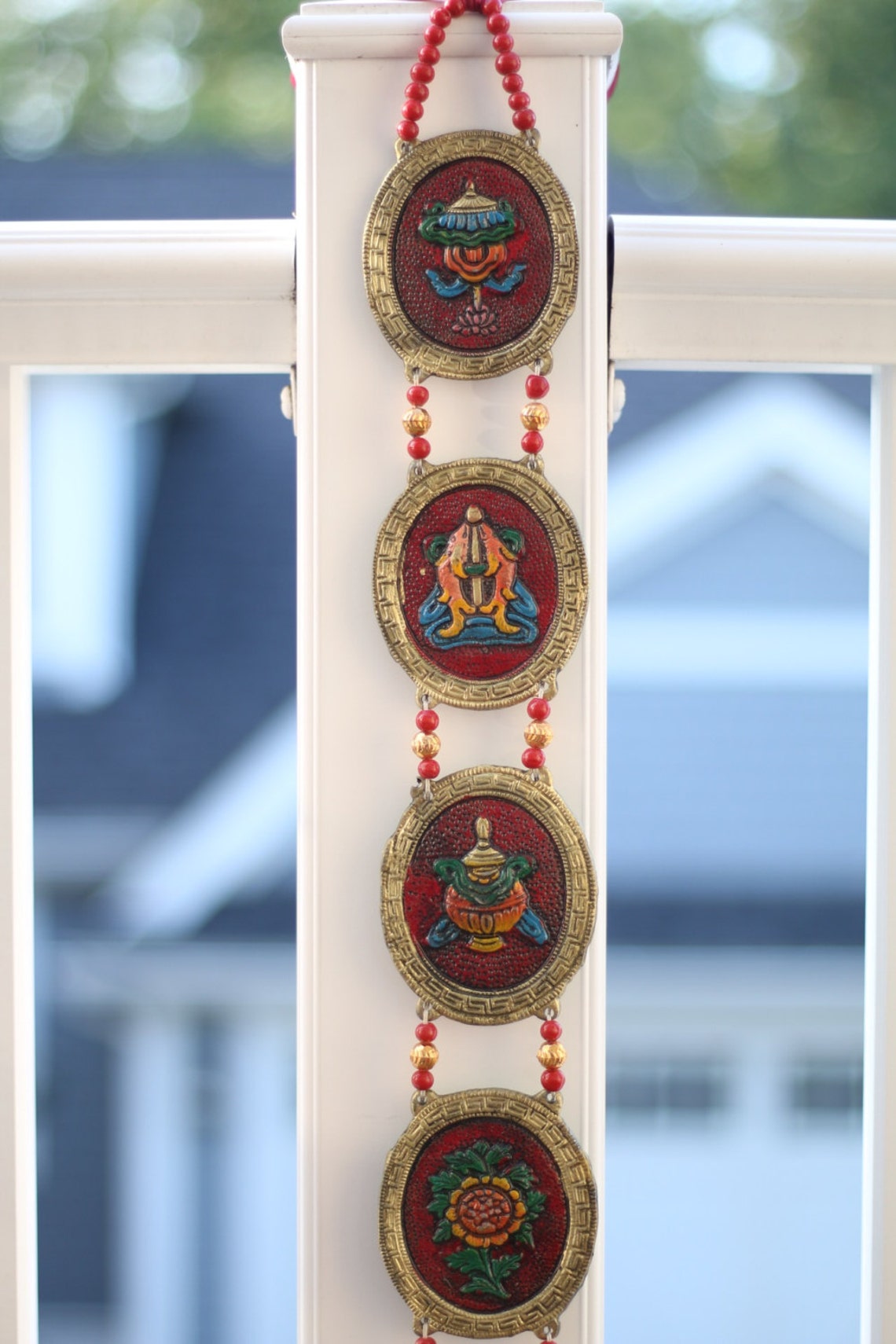 Metal Tibetan Eight Lucky Signs Wall Hanging in Red and Green With ...