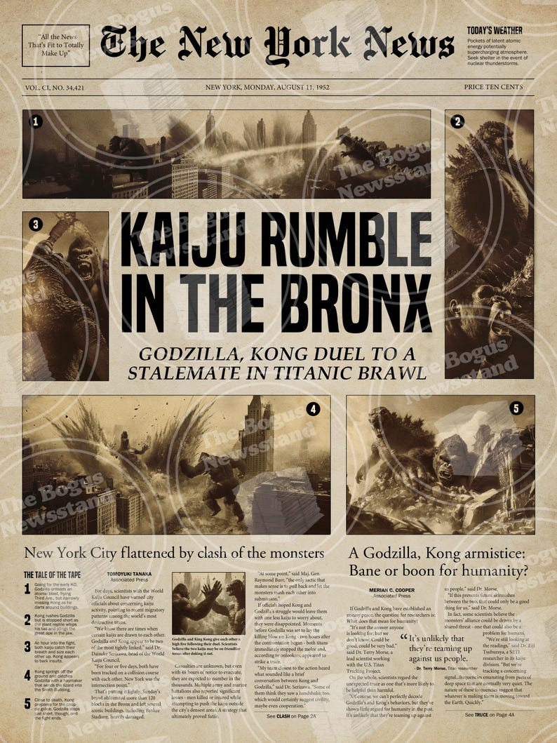 Godzilla Poster | King Kong Wall Art | Fake Newspaper | Vintage Decor ...