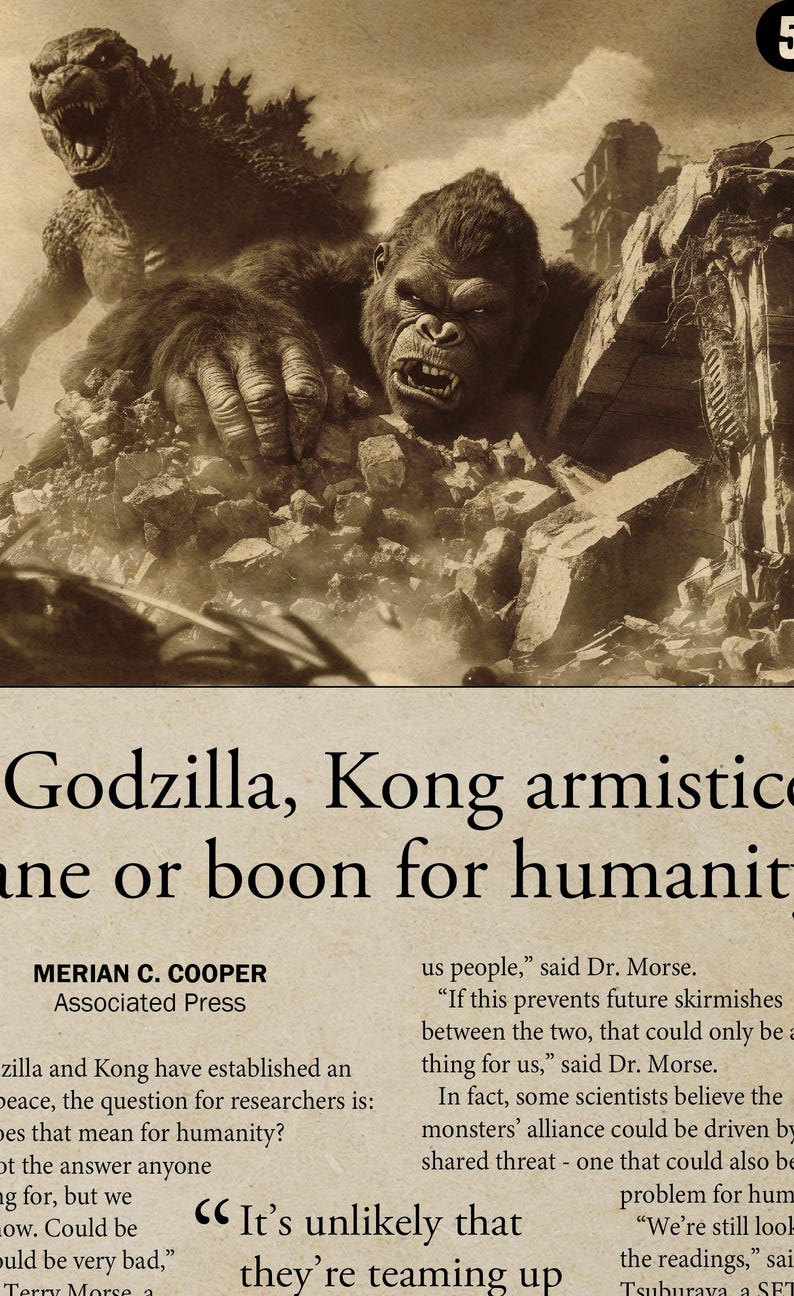 Godzilla Poster | King Kong Wall Art | Fake Newspaper | Vintage Decor ...