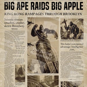 Godzilla Poster | King Kong Wall Art | Vintage Decor | Newspaper Print ...