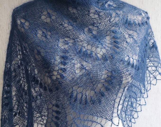 Made to Order ,triangle Navy Blue Hand Knitted Shawl, Kid Mohair, Silk ...