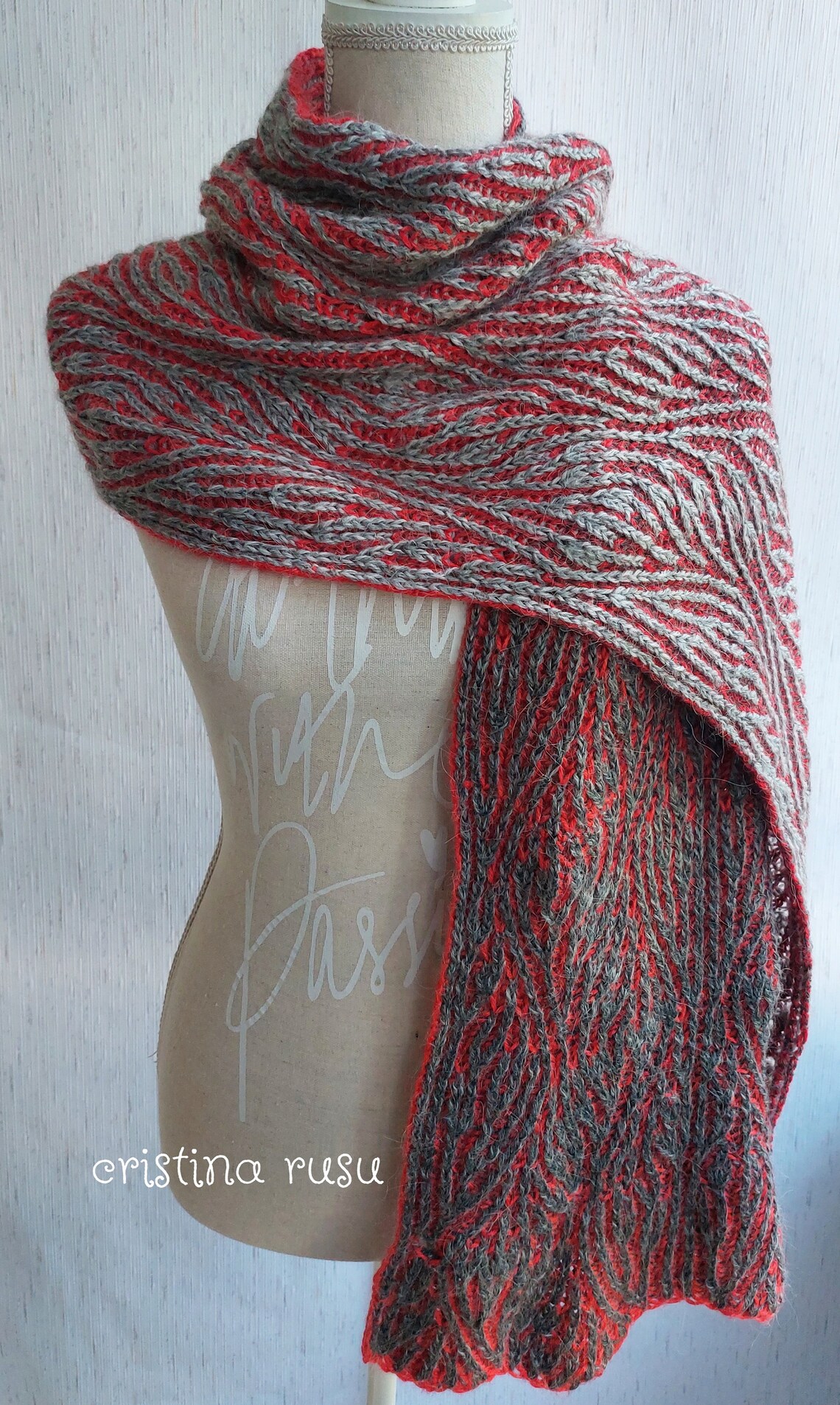 Brioche Gray and Red Scarf , Large Alpaca Scarf , Unique Scarf , Alpaca ...