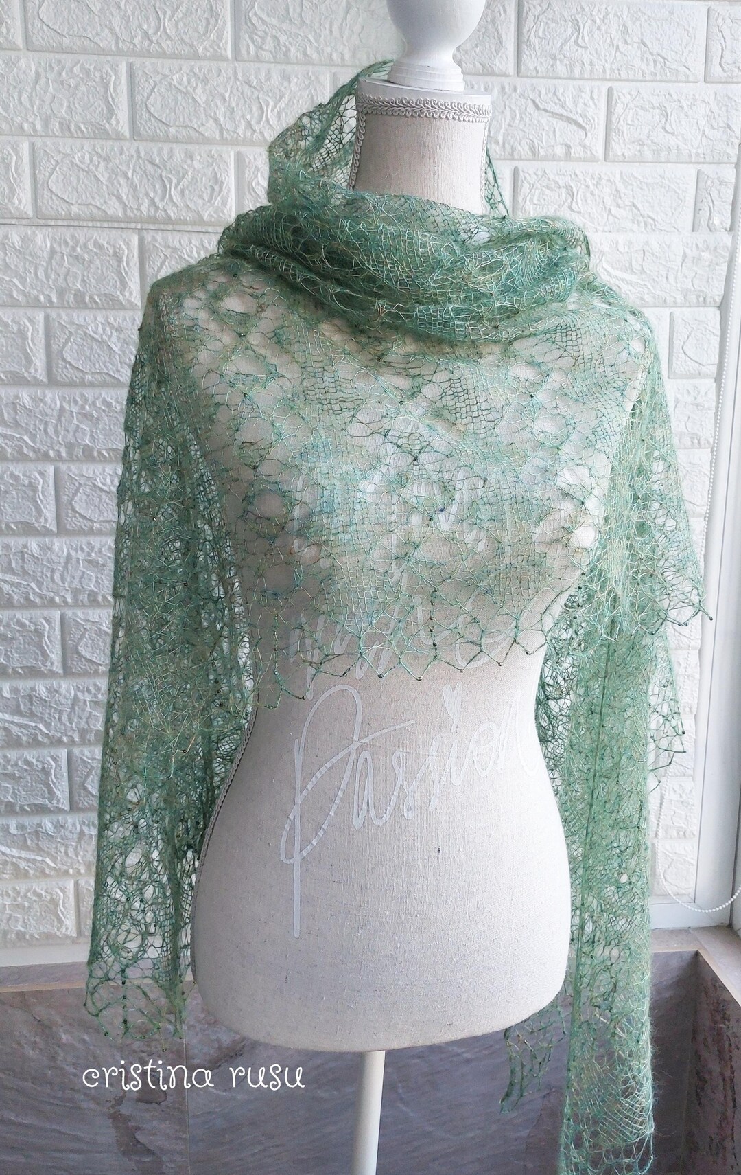 Hand Knit Beaded Lace Shawl, Kid Mohair Silk Lace Wrap, Green Triangle ...