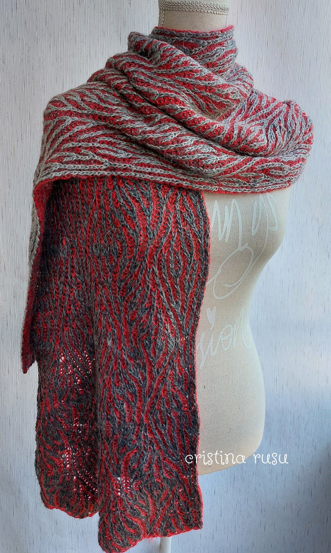 Brioche Gray and Red Scarf , Large Alpaca Scarf , Unique Scarf , Alpaca ...