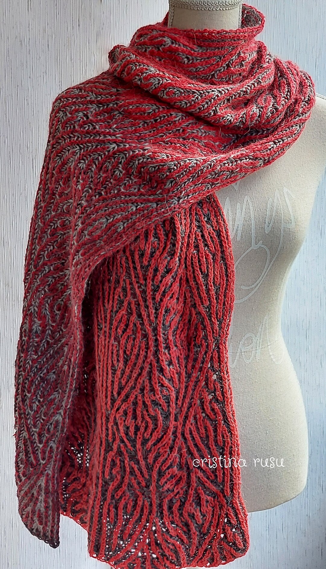 Brioche Gray and Red Scarf , Large Alpaca Scarf , Unique Scarf , Alpaca ...