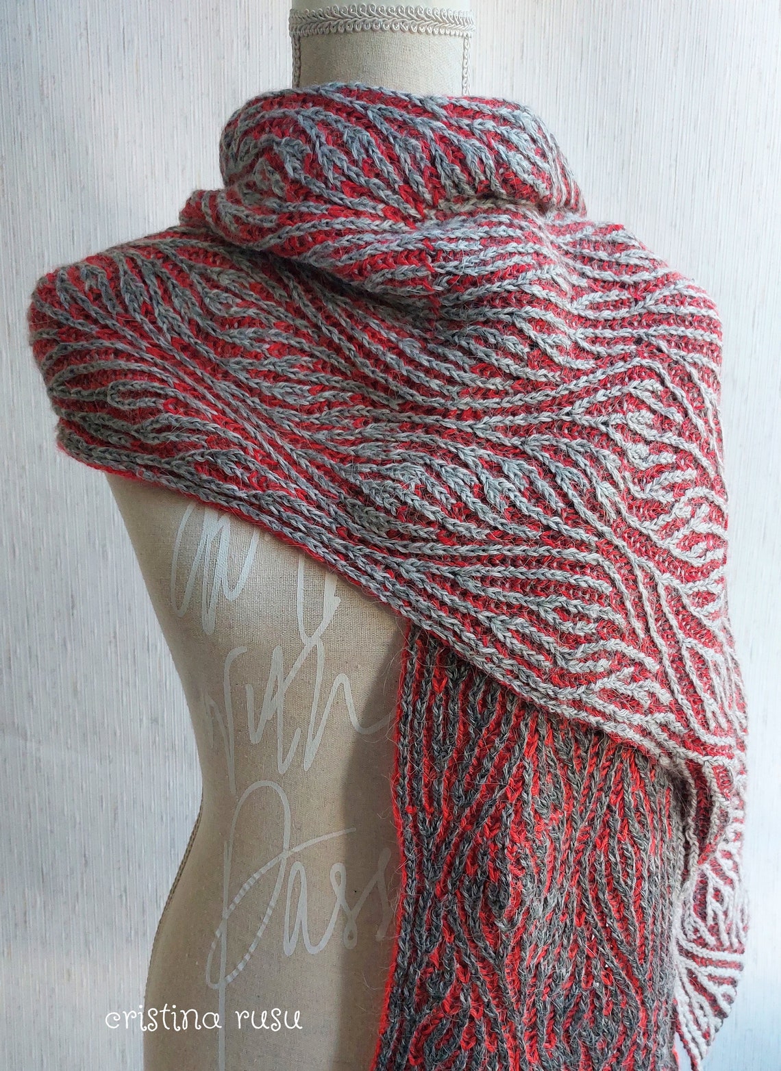 Brioche Gray and Red Scarf , Large Alpaca Scarf , Unique Scarf , Alpaca ...