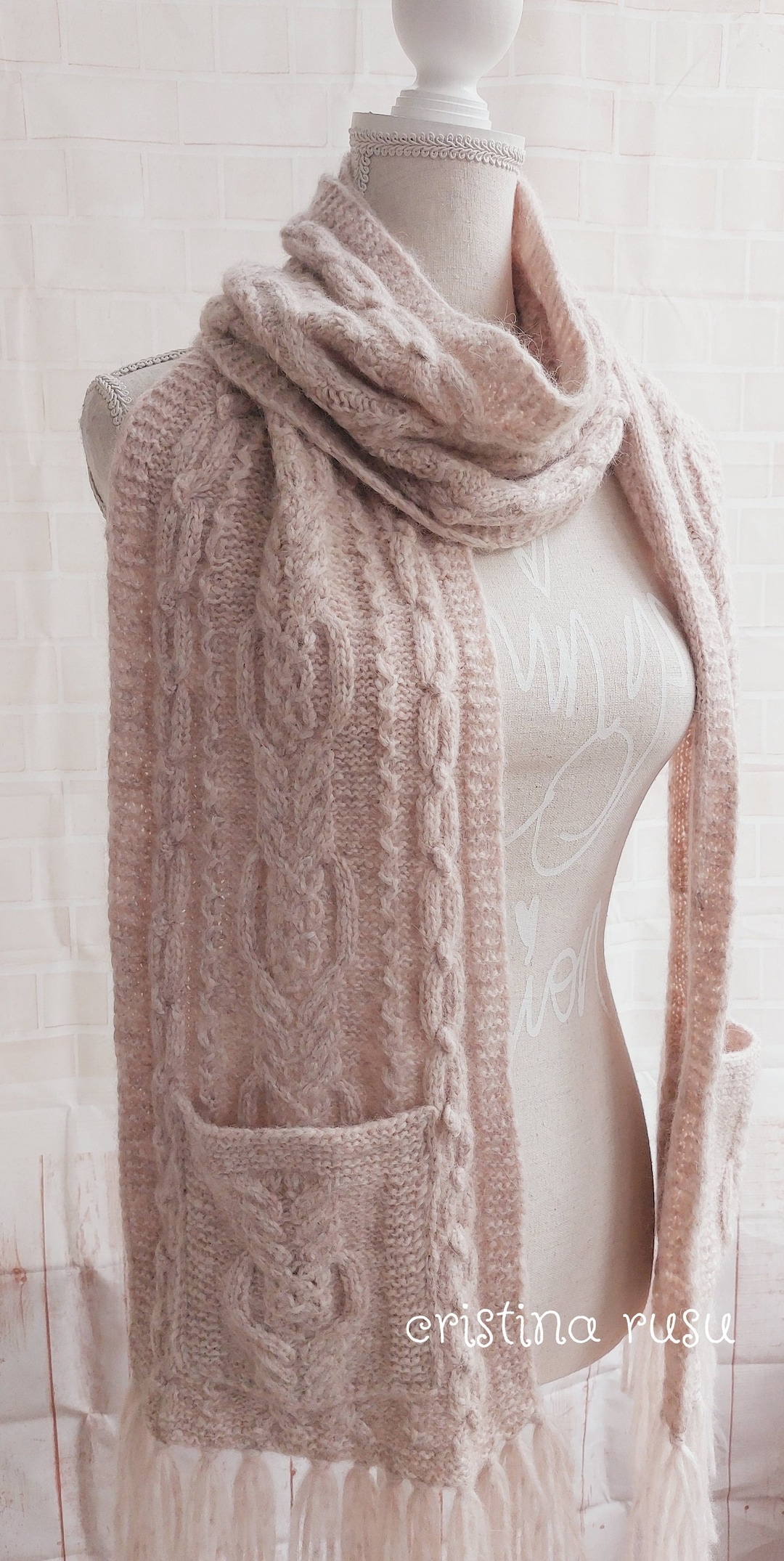 Pink Alpaca Long Scarf With Pockets , Cable Knit Scarf With Pockets ...