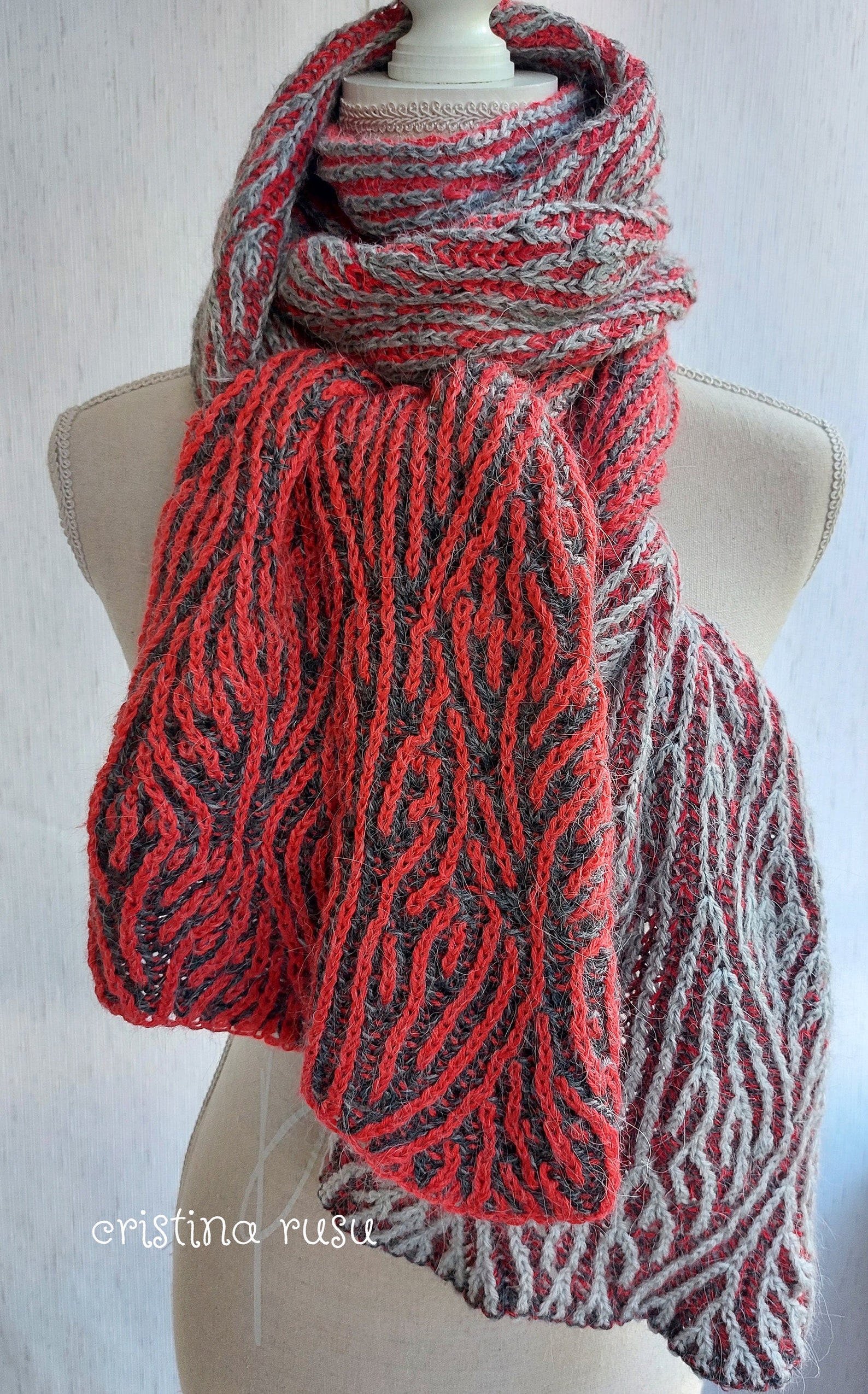 Brioche Gray and Red Scarf , Large Alpaca Scarf , Unique Scarf , Alpaca ...