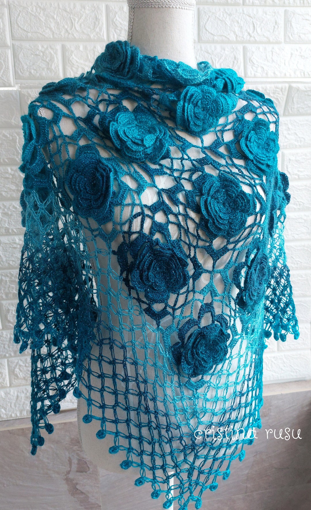 Blue Shawl ,blue Crochet 3D Flower Shawl , Triangle Crochet Shawl ...