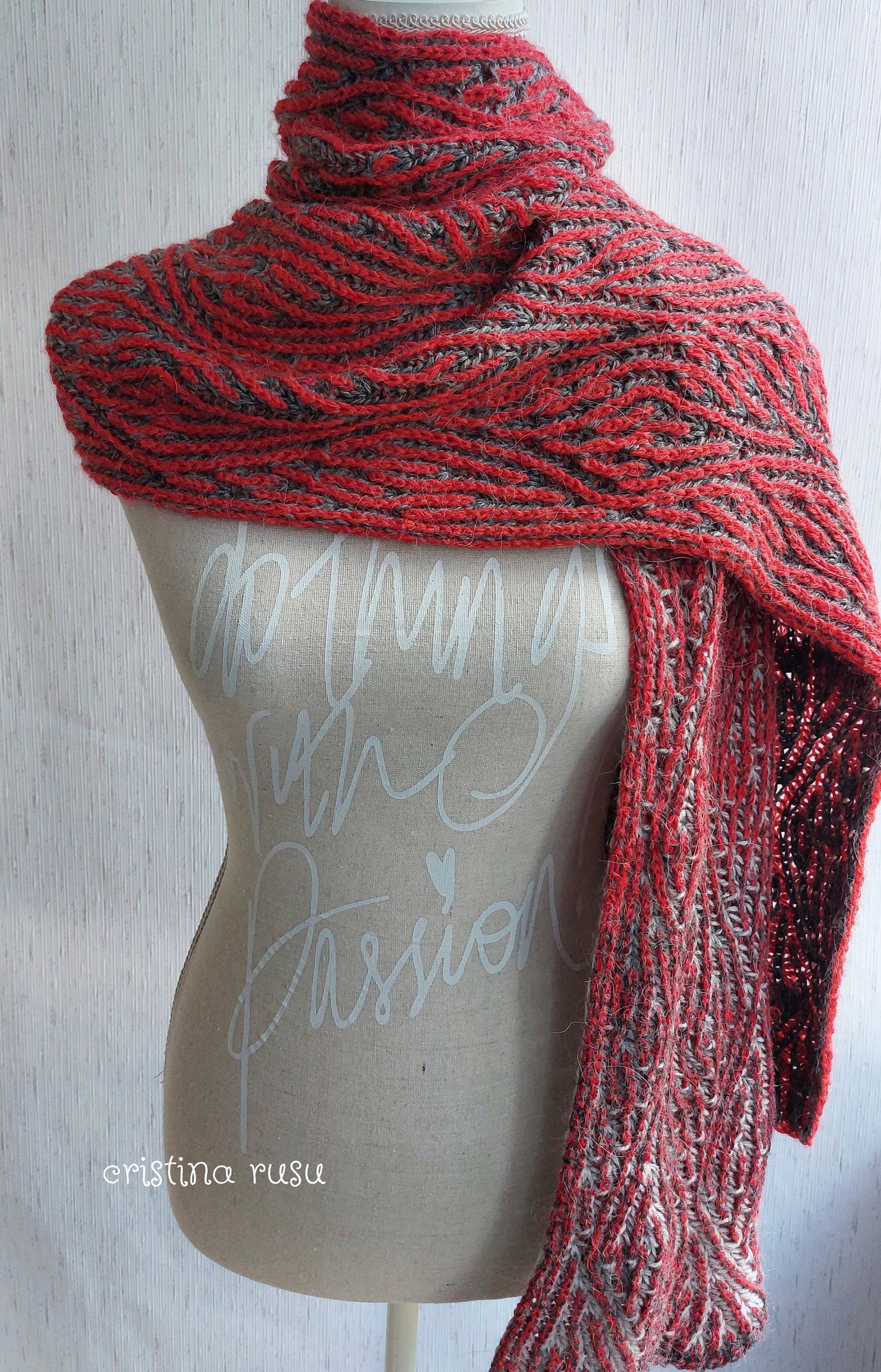 Brioche Gray and Red Scarf , Large Alpaca Scarf , Unique Scarf , Alpaca ...