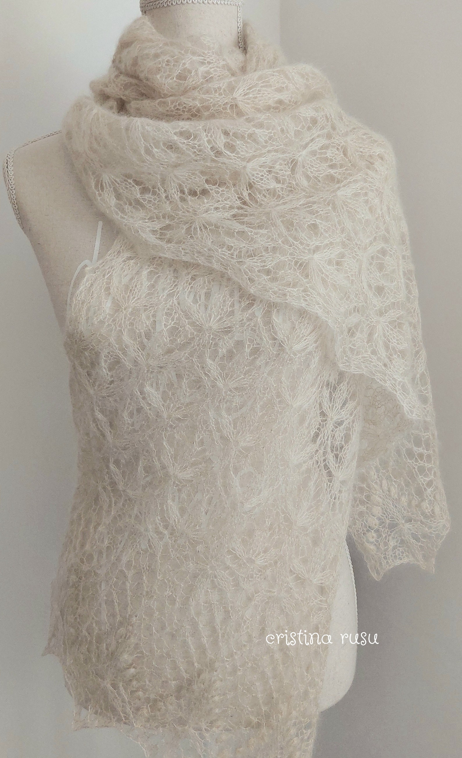 Light Beige Lace Stole, Kid Silk Scarf, Hand Knit Mohair Lace Shawl ...