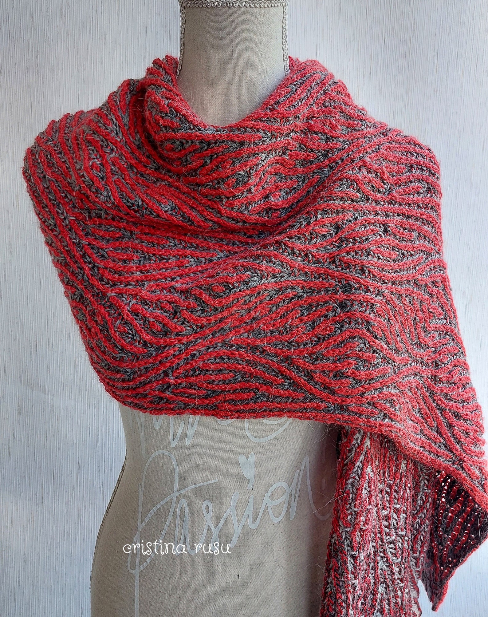 Brioche Gray and Red Scarf , Large Alpaca Scarf , Unique Scarf , Alpaca ...