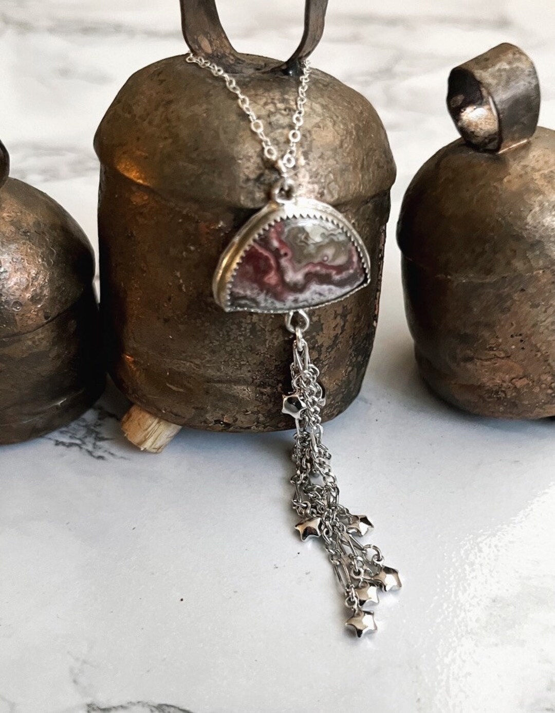 Crazy Lace Half Moon Necklace, Sterling Silver Necklace, Moon and Star ...