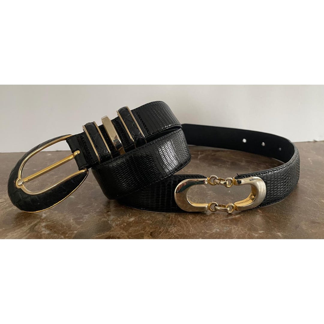 Vtg Cale Sarah Peck Black Lizard Crocodile Leather Belt Silver Gold ...