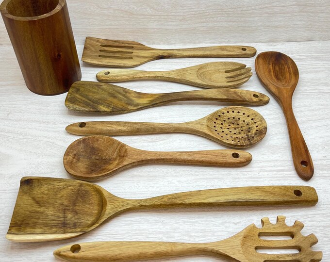 USA Made 9 Piece Set Black WALNUT Wood & Holder Handmade Kitchen ...