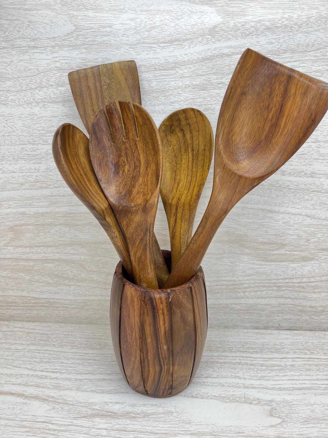 USA Made 6 Piece Set TEAK Wood & Holder Handmade Kitchen UTENSILS Set ...