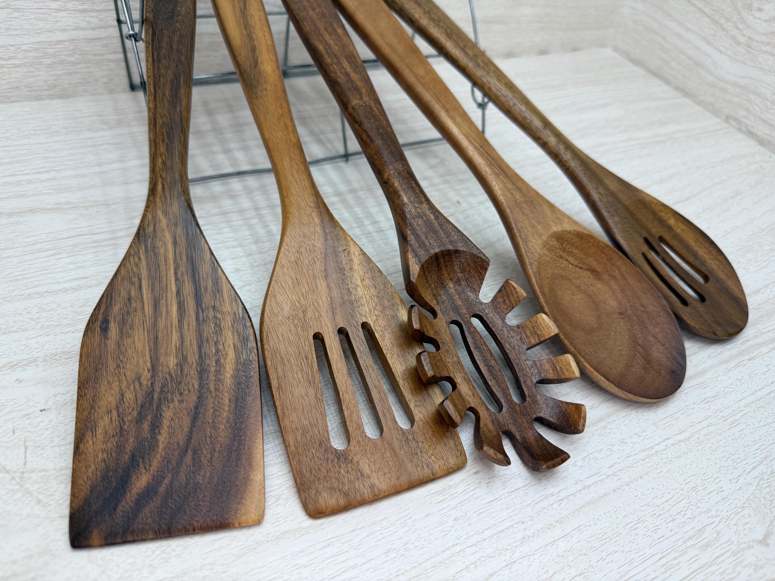 USA Made 5 Piece Set TEAK Rustic Wood Handmade Kitchen UTENSILS Set No ...