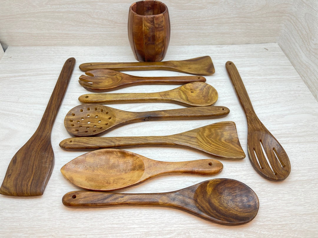 USA Made 9 Piece Set Black WALNUT Wood & Holder Handmade Kitchen ...