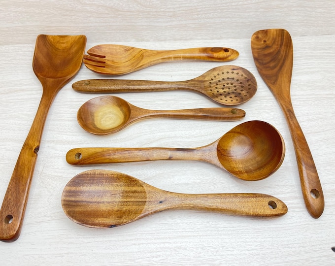 USA Made 7 Piece Set TEAK Rustic Wood Handmade Kitchen UTENSILS Set No ...