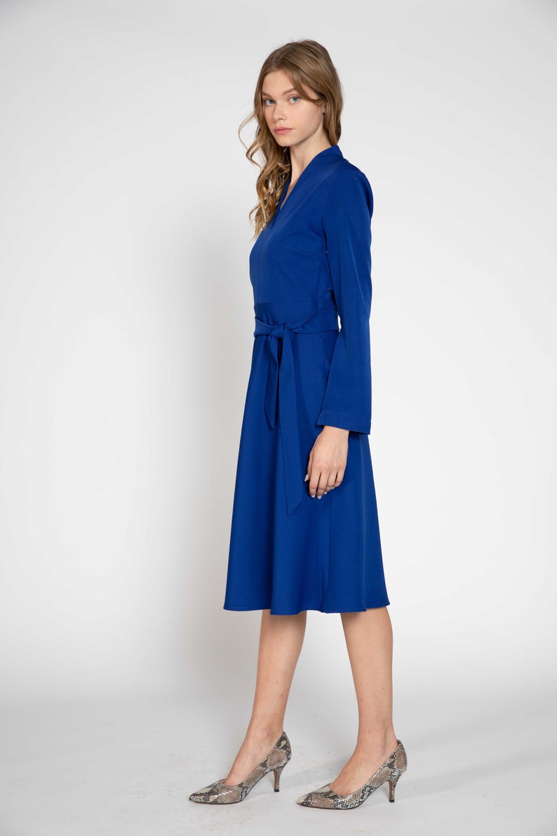 Modest Midi Blue Dress Womens Elegant Solid Dress Etsy