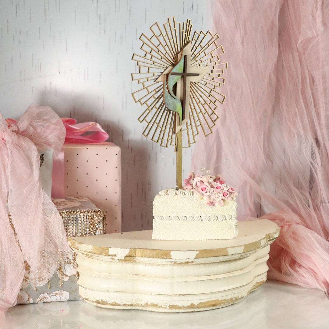 First Holy Communion Wood Cake Topper, Table Centerpiece Pic Floral ...