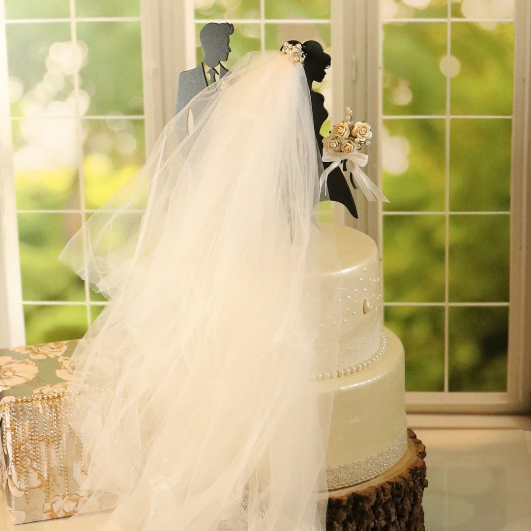 Wedding Cake Topper Wooden Bride and Groom With Long White Tulle and ...