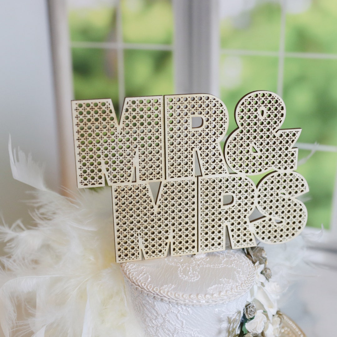 Boho Mr and Mrs Rattan Wood Cake Topper for Wedding or Anniversary ...