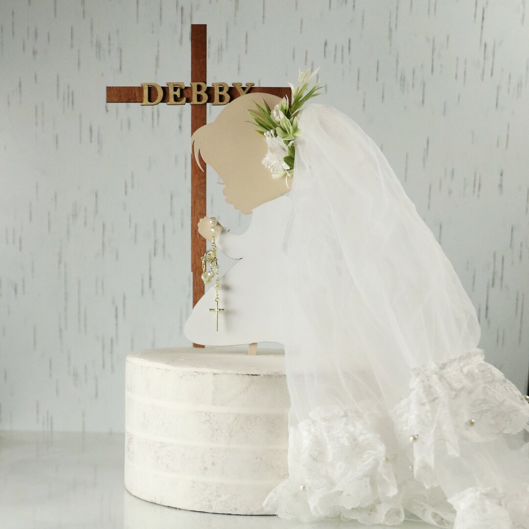 Holy Communion Kneeling Girl Wood Cake Topper, Personalized Walnut ...
