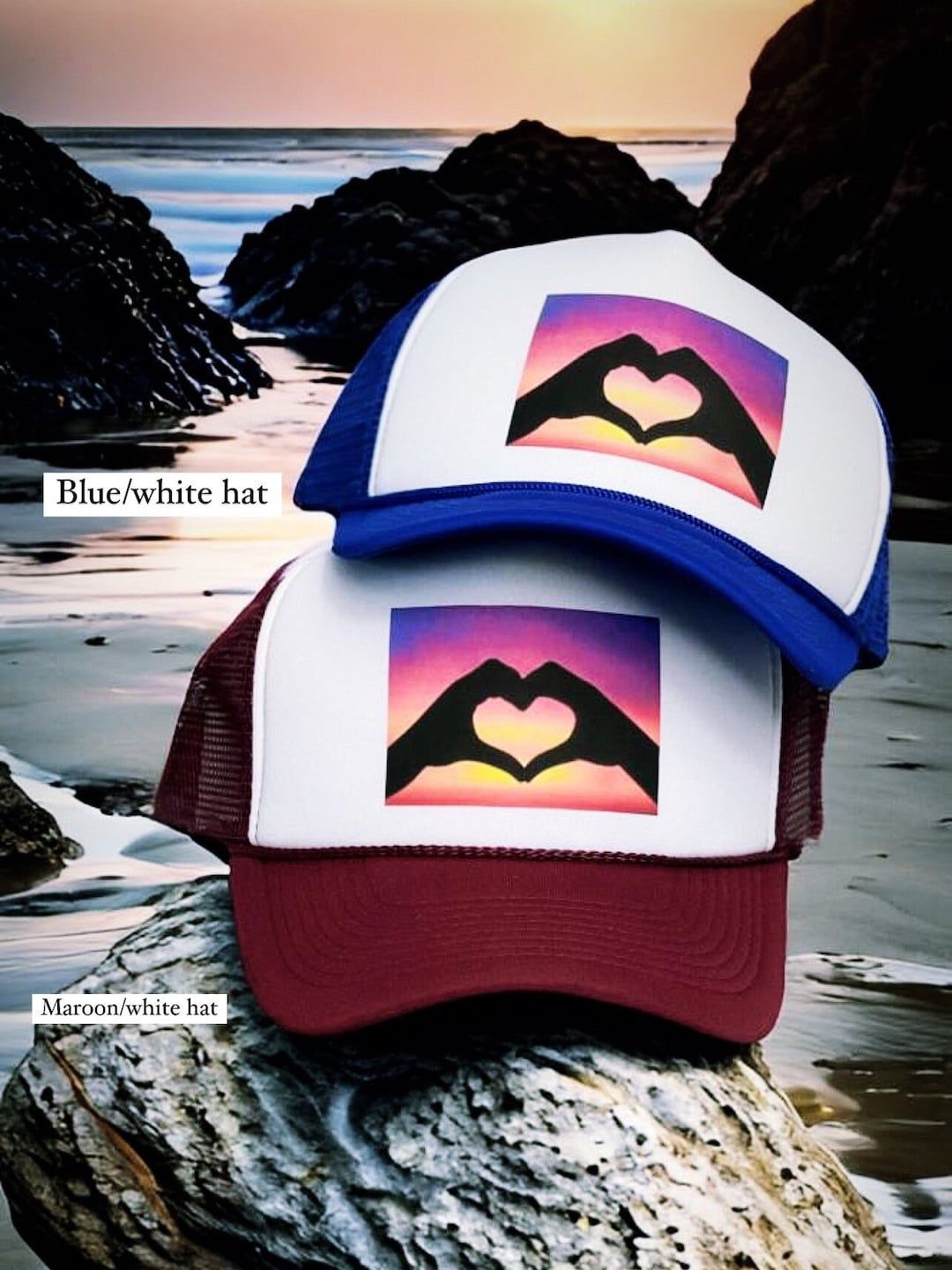 Sunset Love Hands Trucker Hat, Sunset Hat, Trucker Hat, Hat With Sunset ...